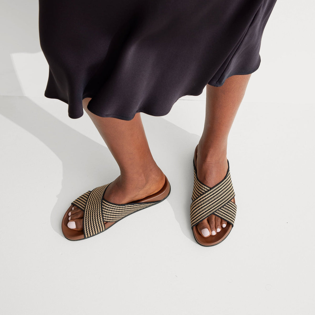 Women's Slide On Sandal in Toffee Stripe | Women's Shoes | Rothy's