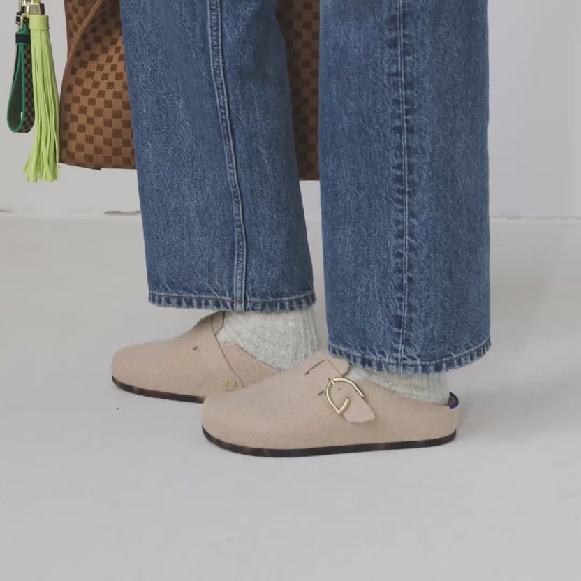 The Buckle Clog in Soft Black Bouclé | Rothy's